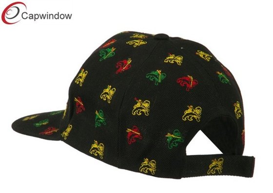 Acrylic Velcrorized Strap Closure Snapback Baseball Cap , Black Rasta Lion Print Flat Bill Cap