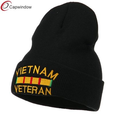 Long Knitted Acrylic Beanie Winter Hats Black Vietnam Veteran Embroidered
