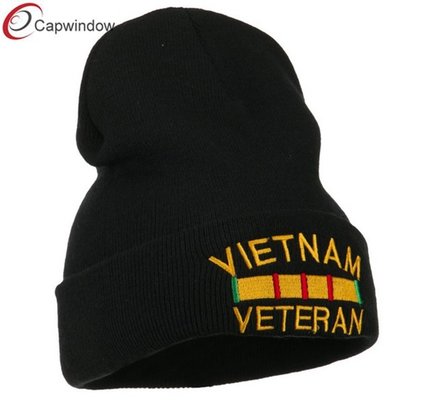 Long Knitted Acrylic Beanie Winter Hats Black Vietnam Veteran Embroidered