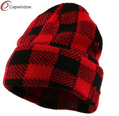 Red Black Buffalo Plaid Cuff Beanie Winter Hats with Cozy Soft and Light Fabric