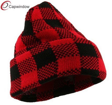 Red Black Buffalo Plaid Cuff Beanie Winter Hats with Cozy Soft and Light Fabric