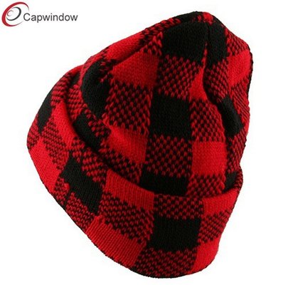 Red Black Buffalo Plaid Cuff Beanie Winter Hats with Cozy Soft and Light Fabric