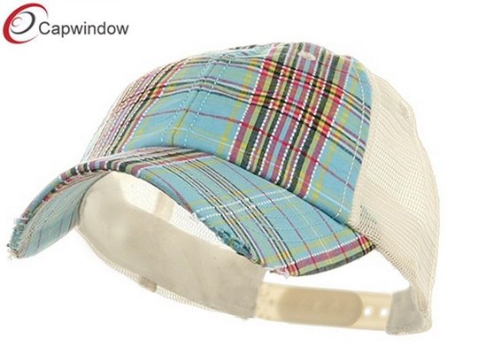 Cotton Polyester Trucker Mesh Cap Blue Unstructured Low Profile Plaid