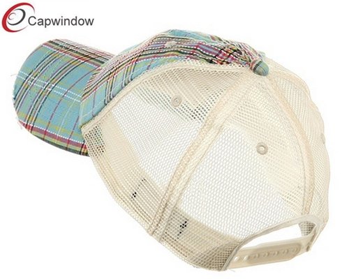 Cotton Polyester Trucker Mesh Cap Blue Unstructured Low Profile Plaid