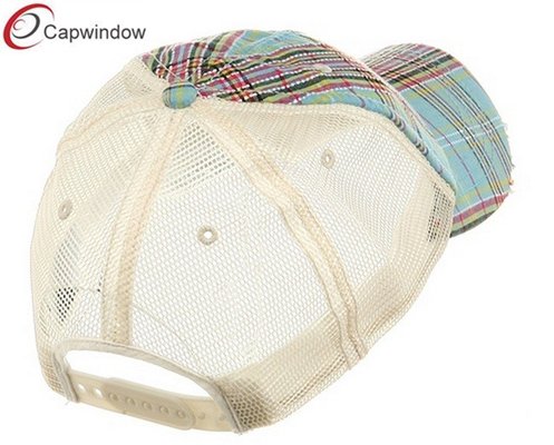 Cotton Polyester Trucker Mesh Cap Blue Unstructured Low Profile Plaid