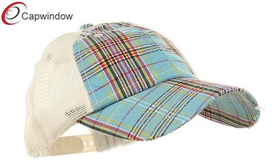 Cotton Polyester Trucker Mesh Cap Blue Unstructured Low Profile Plaid