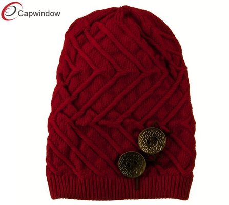Red Two Large Button Accent Knit Winter Hats with Acrylic Ribbed Brim