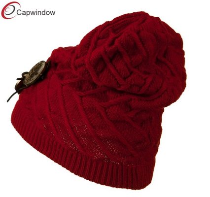 Red Two Large Button Accent Knit Winter Hats with Acrylic Ribbed Brim