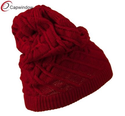 Red Two Large Button Accent Knit Winter Hats with Acrylic Ribbed Brim