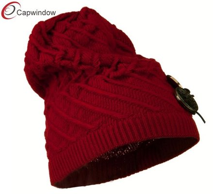 Red Two Large Button Accent Knit Winter Hats with Acrylic Ribbed Brim