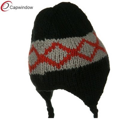 Black Kids Zig Zag Peruvian Knit Winter Hats Acrylic For Children