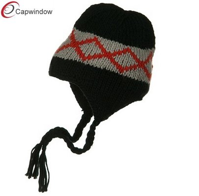 Black Kids Zig Zag Peruvian Knit Winter Hats Acrylic For Children
