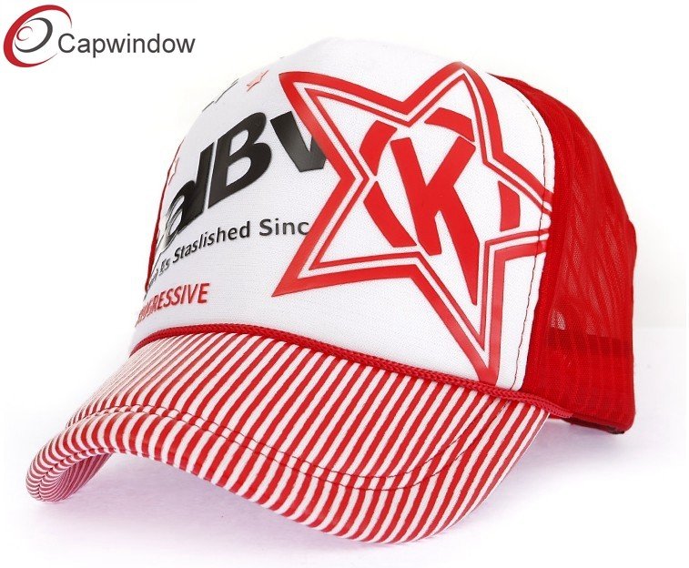Embroidered Red Stripe Trucker Mesh Cap Velcro Strap Back Hats For Summer