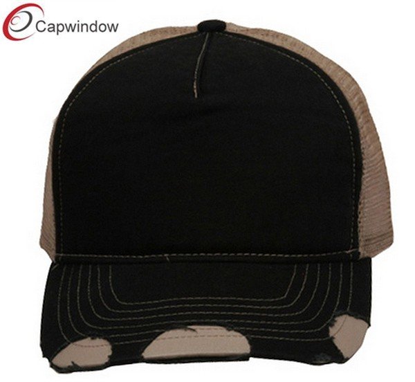 Frayed Black Khaki Trucker Mesh Cap ， Plastic Snap / Hand Wash Trucker Mesh Hats