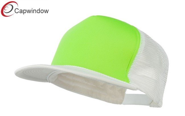 White Green Flat Bill Neon Trucker Mesh Cap Made of Cotton and Polyester / Snapback Mesh Hat