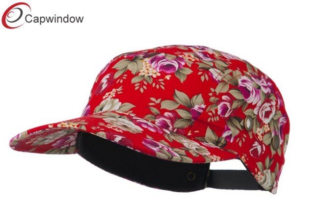 Red 5 Panel Flat Bill Cotton Baseball Caps with Flower Print Patterns /  Buckle Strap Closure