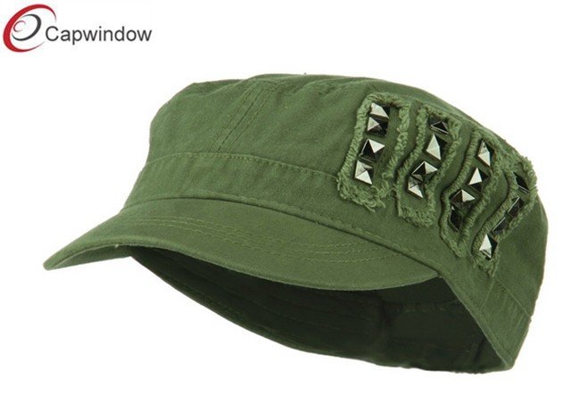 Olive Side Studs Cotton Fitted Military Baseball Hats with Elastic Band Closure / Flat Top Cap