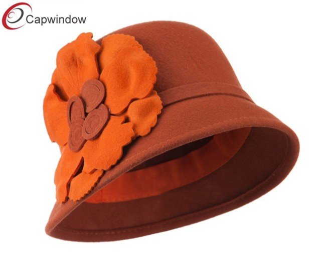 Rust Flat Flower Wool Felt Cloche Hat / Fisherman Bucket Hat for Women