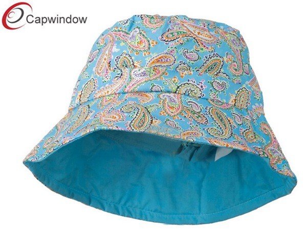 Blue Girl's Cotton Paisley Print Fisherman Bucket Hat / With Adjustable Tie String