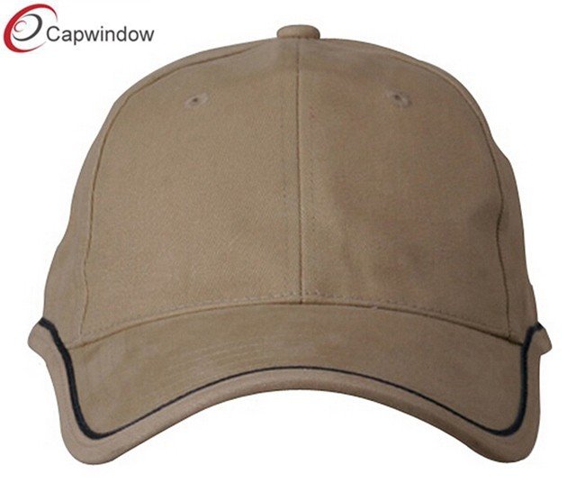 Khaki Navy Piping Decoration Embroidered Baseball Caps with Velcro Strap Closure