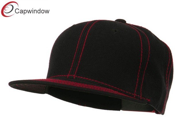 Black Red Contrast Stitch Flat Bill Snapback Baseball Caps with Acrylic and Plastic Closure
