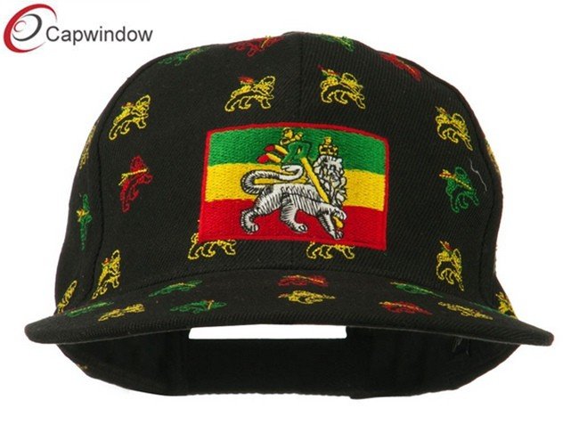 Acrylic Velcrorized Strap Closure Snapback Baseball Cap , Black Rasta Lion Print Flat Bill Cap