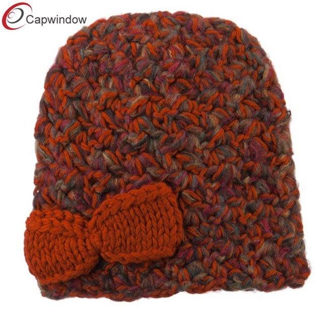 Bow Mix Yarn Acrylic Knit Winter Hats , Orange Women Fashion Warm Cap