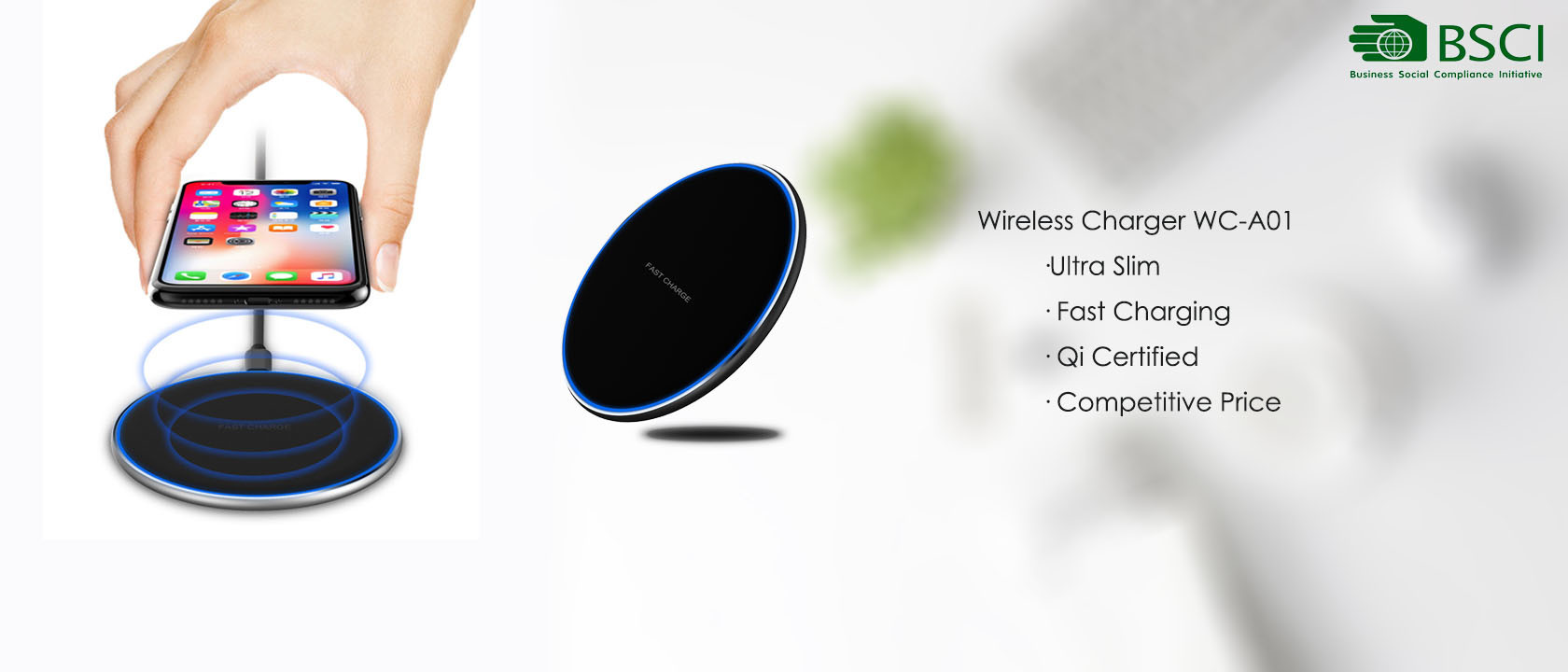 ABS+Aluminum Super Slim QI Certified Fast Charging Portable Wireless Charger 10W/7.5W/5W