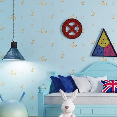 Eco-friendly non woven waterproof cartoon kids room 3d wall paper blue