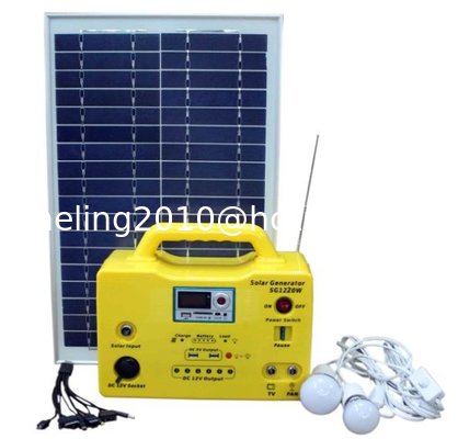 20W portable solar power system with LED lighting, USB charging , integrated radio/MP3 functions yellow color