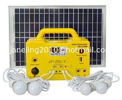 20W portable solar power system with LED lighting, USB charging , integrated radio/MP3 functions yellow color