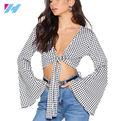 Yihao factory 2018 Summer Women Check Plaid Cotton check blouse design