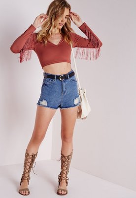 2018 ladies latest design fringe long sleeve off shoulder crop top