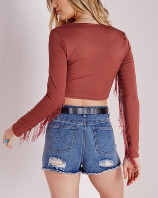 2018 ladies latest design fringe long sleeve off shoulder crop top