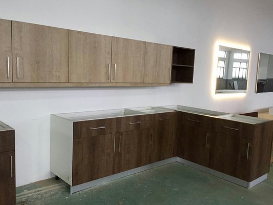 China Wood grain MFC kitchen cabinet,Modern kitchen furniture,Kitchen design,L-shape cupboard supplier