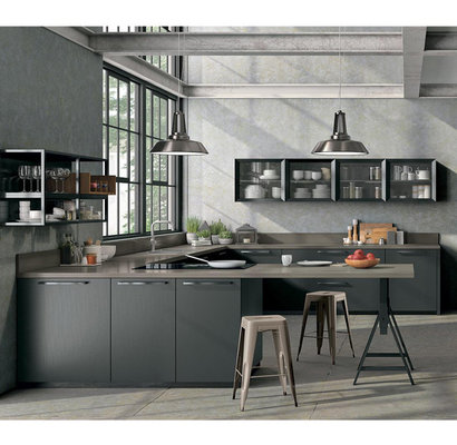 Wood grain MFC kitchen cabinet,Modern kitchen furniture,Kitchen design,L-shape cupboard supplier