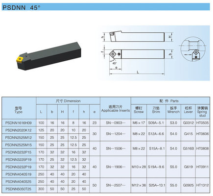 45°PSDNN2020K12 Cylindrical Turning Tool Bar 2525M12 2525M15 3232P15 4040S19