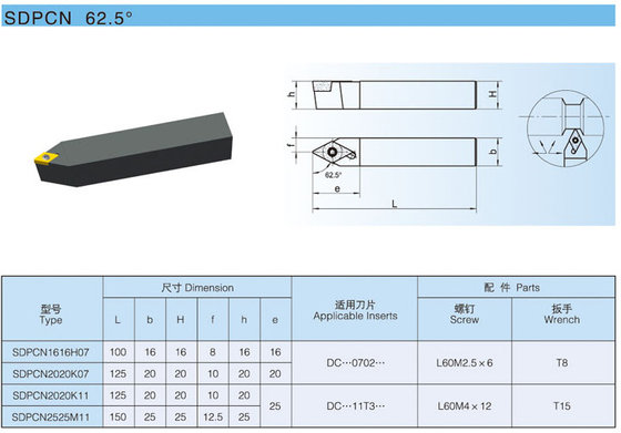 62.5°SDPCN2020K07 Cylindrical Turning Tool Bar 1616H07 Srew on Clamp