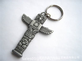 China Antique pewter plated 3D cross key fob, vintage pewter plated metal engraved key rings, supplier