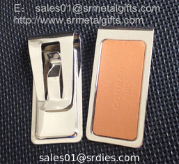 China Silver stainless steel money clip with stamped logo leather pad, supplier
