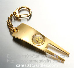 China Pearl gold golf pitchfork repair key tags, functional golf divot repair tool keychains, supplier