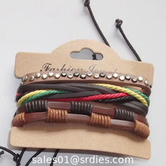 China Handmade Genuine Leather Bracelets, Fashion Multilayer Leather Adjustable Wristband Bangle with Multicolor Cords supplier