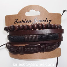China Leather Bracelet Set of Wooden Beads Strand and Braided Leather Bangle Adjustable length 5.5 inch for men and women supplier