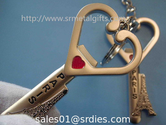 Metal key shape drop pendant key ring with Paris Eiffel tower design, zinc alloy,MOQ300pcs supplier
