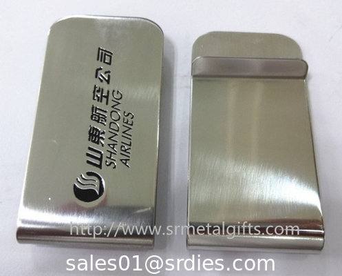 Promotional metal money clip with etched logo, custom made stainless steel money clip gift supplier