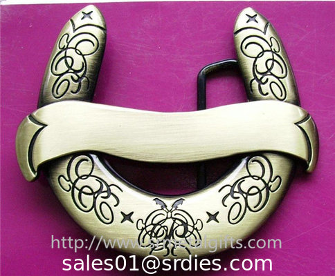 Promotional antique brass oval metal belt buckles with engraved brand logo, supplier