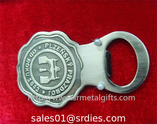 Antique pewter metal bottle opener with engraved logo design, supplier