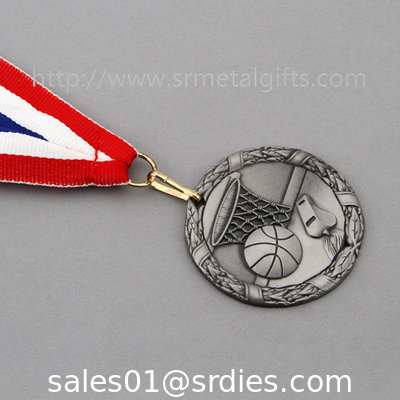 Embossed basketball award medals with ribbon, ribbon metal basketball prizing medallions, supplier