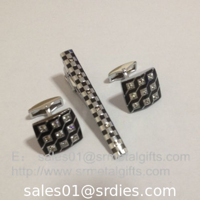 Sleek soft enamel checker tie clip and cufflink set for men, supplier