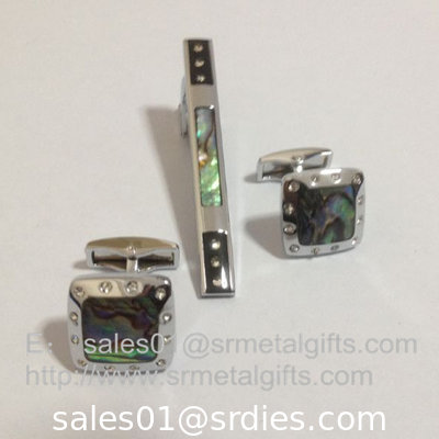 Genuine mother of pearl tie clip and cufflink set, colored MOP clasp tie bar and tie clip, supplier